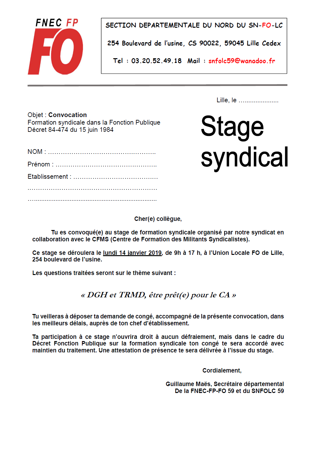 CA, DGH : inscrivez-vous à notre stage ! – SNFOLC Lille